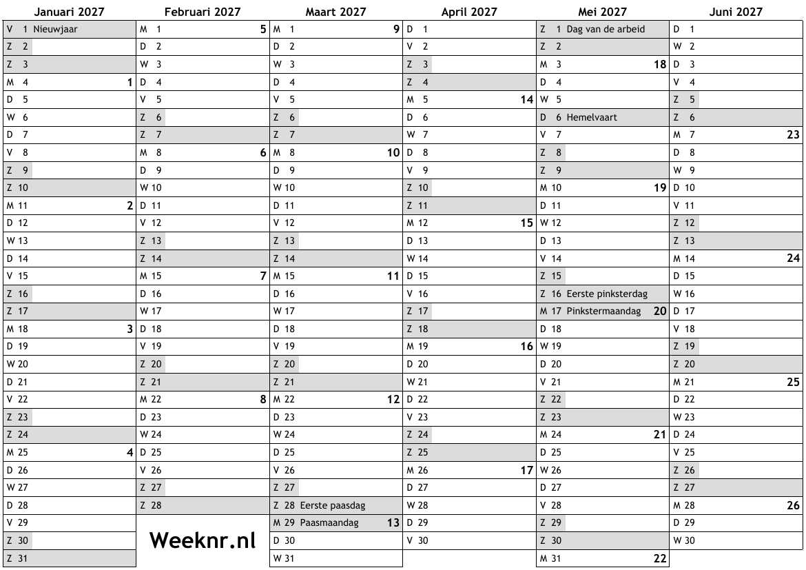 Kalender voor 2027 met weeknummers en feestdagen … nationale feestdagen ...